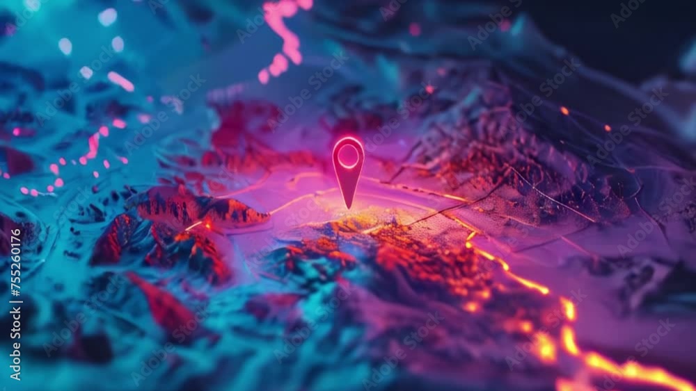 Glowing navigation pin on a 3D map with vivid neon topography and ...