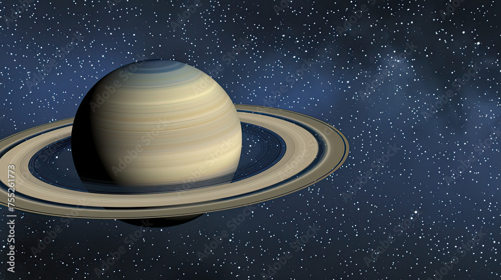 Digital illustration of Saturn with detailed rings against a starry ...