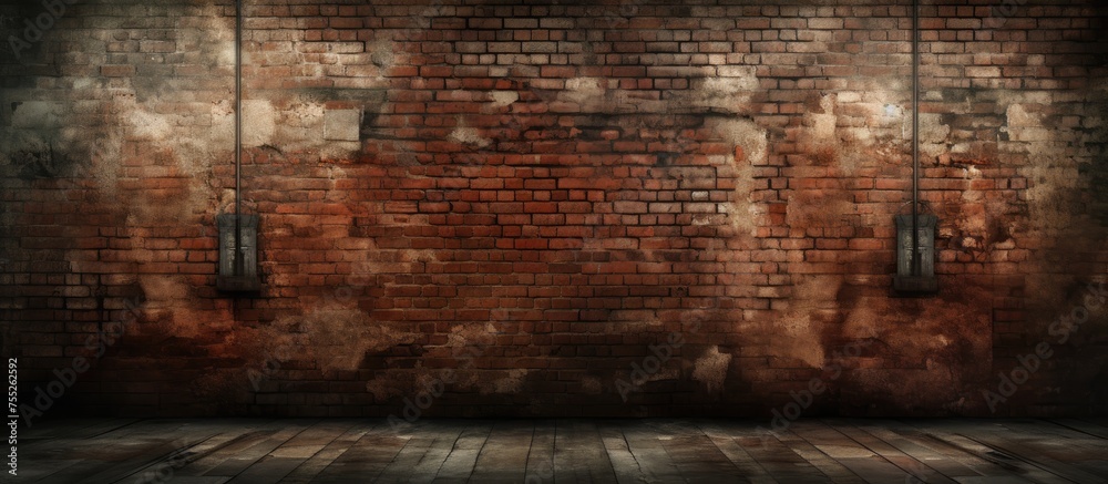 A room featuring an old prison brick wall and a wooden floor. The ...