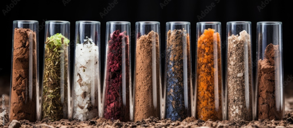 A row of test tubes filled with various types of soil, displayed as ...