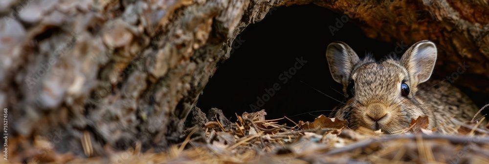 Curious bunny peeking from a hollow - A timid rabbit cautiously ...
