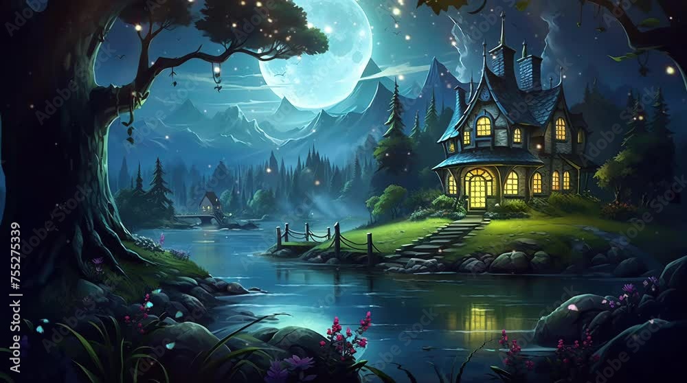 Moonlit Riverside Retreat: Fantasy House by the River on a Full Moon ...