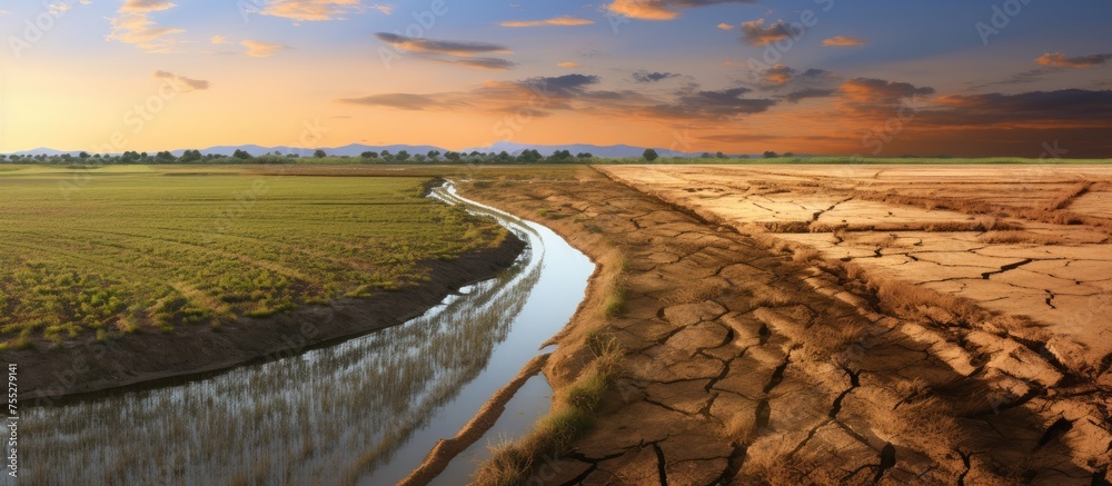 A river meanders through a parched field, surrounded by dry grass and ...