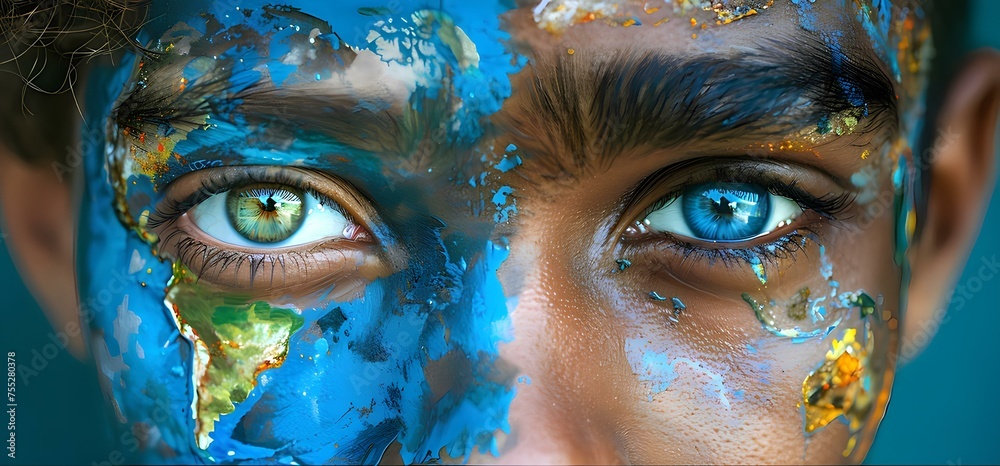 Human face integrated with the world map. Planet Earth and people ...