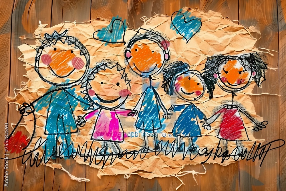 drawing family piece paper groups happy people texture mix genders ...