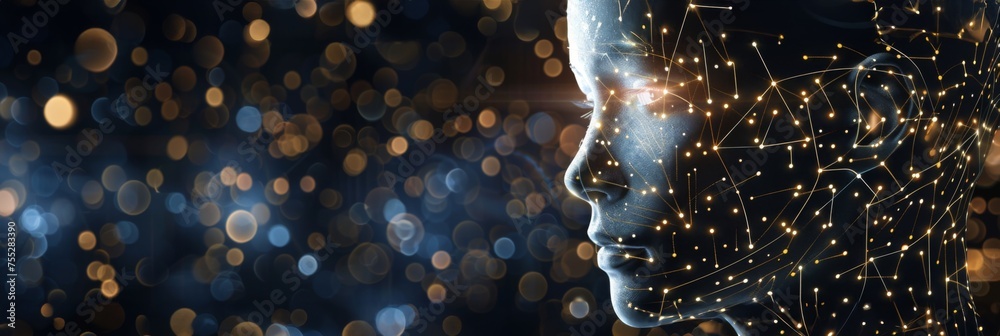 Conceptual human profile with light networks - Illuminated net-like ...