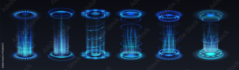 Futuristic teleportation technology realistic vector illustration set ...