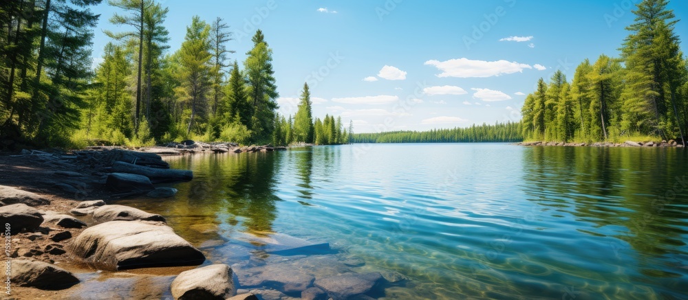 A beautiful natural landscape with a serene lake surrounded by trees ...