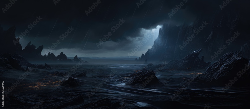 In the black and white scene, turbulent ocean waves crash violently ...