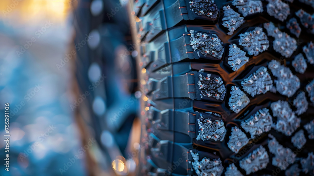 A photo of a rubber tire with studs protruding from its surface ...