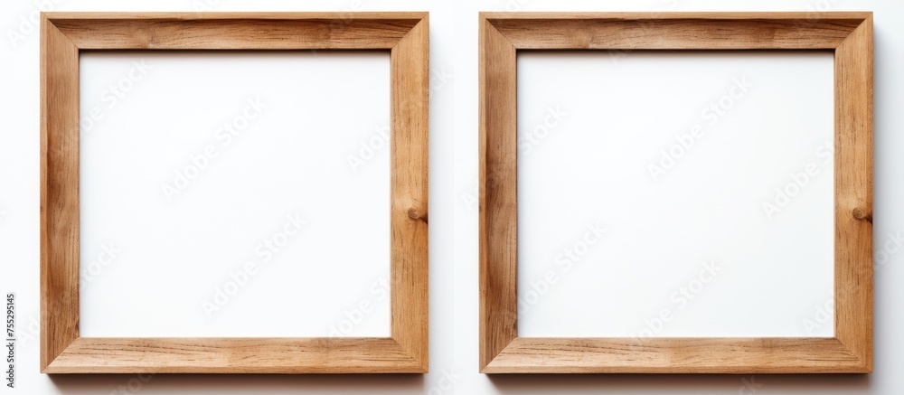 Foto de Two identical wooden frames are securely hung on a white wall ...