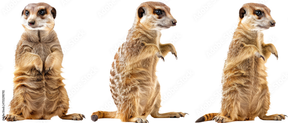 Trio of meerkats standing upright in various watchful poses against a ...