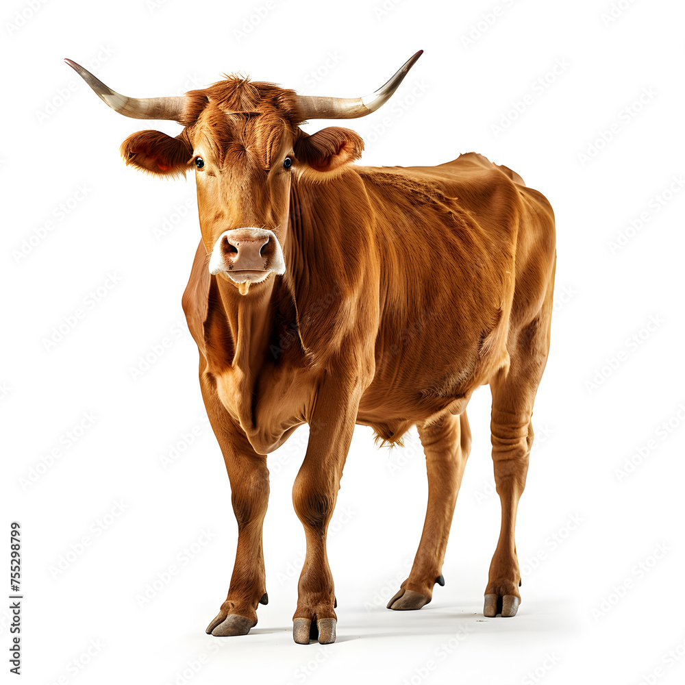 A brown dairy cow with long horns, a powerful body, and sturdy legs ...