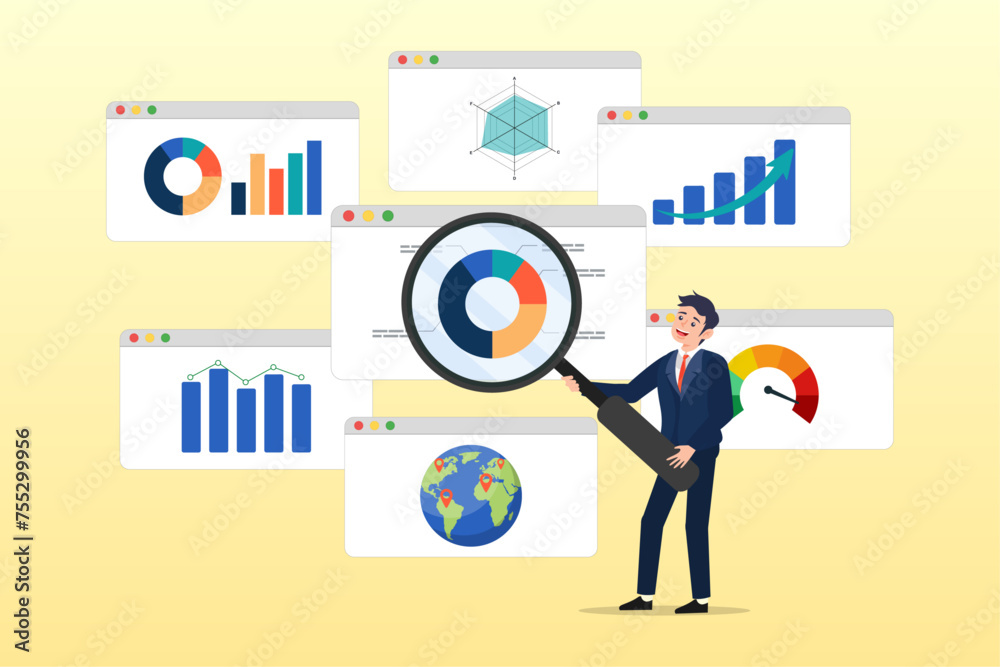 Businessman with magnifying glass analyse research chart and graph ...