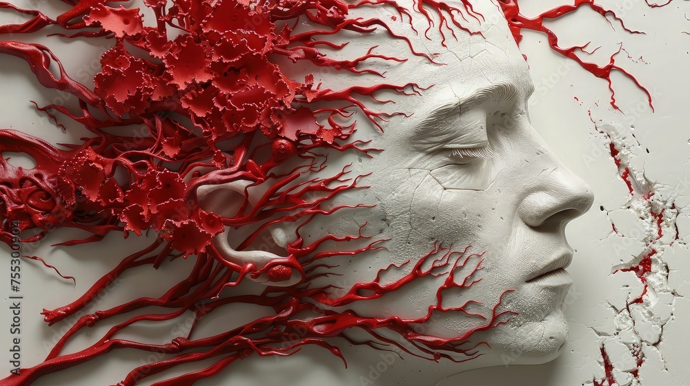 Surreal 3D Render: Depicting a Face Enveloped in Red Fibrous Roots ...