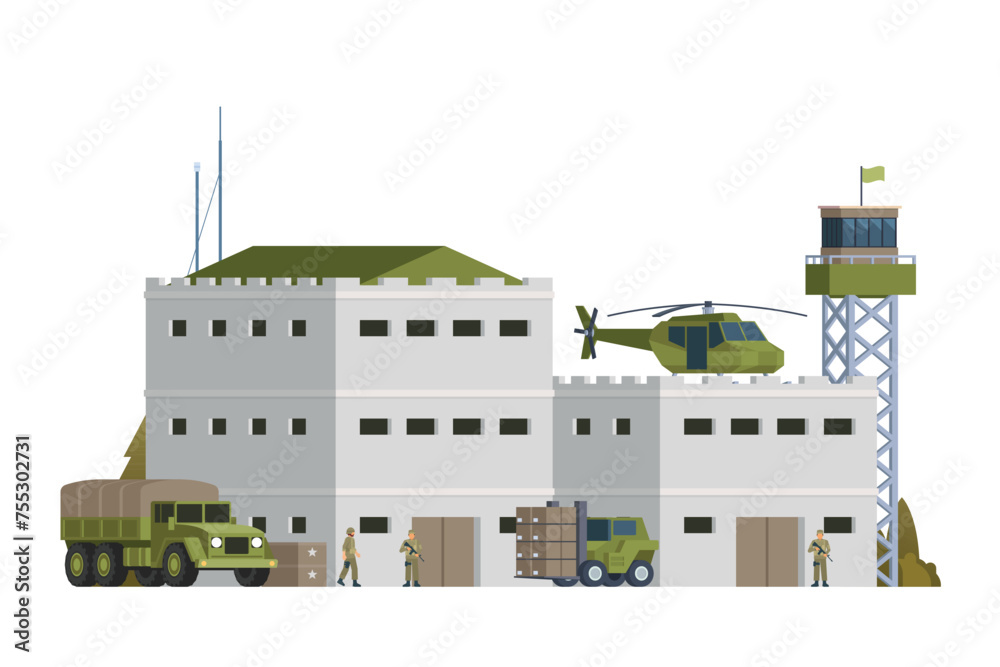 Vector military base building and vehicle or infographic elements ...