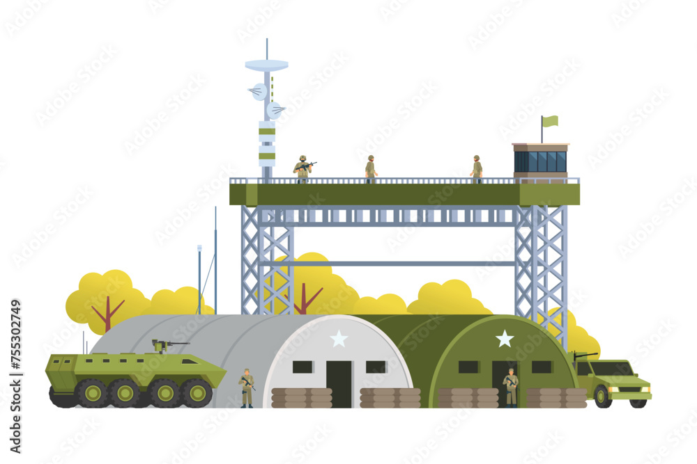 Vector military base building and vehicle or infographic elements ...
