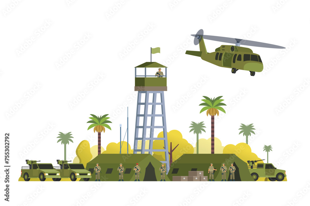 Vector military base building and vehicle or infographic elements ...