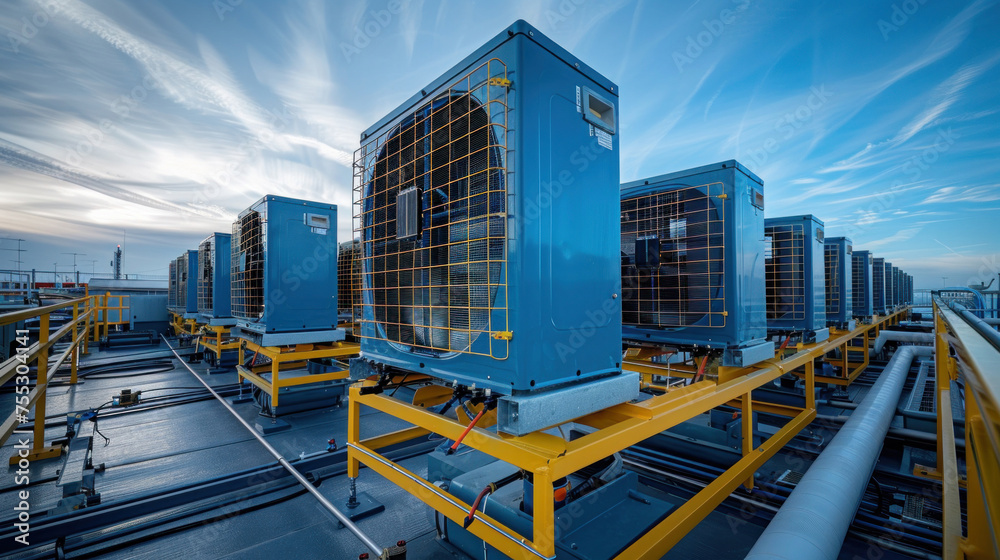 Air condenser unit located on roof deck building to heat released ...