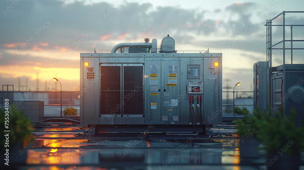 Air condenser unit located on roof deck building to heat released ...