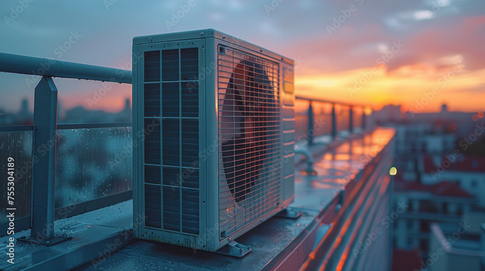 Air condenser unit located on roof deck building to heat released ...