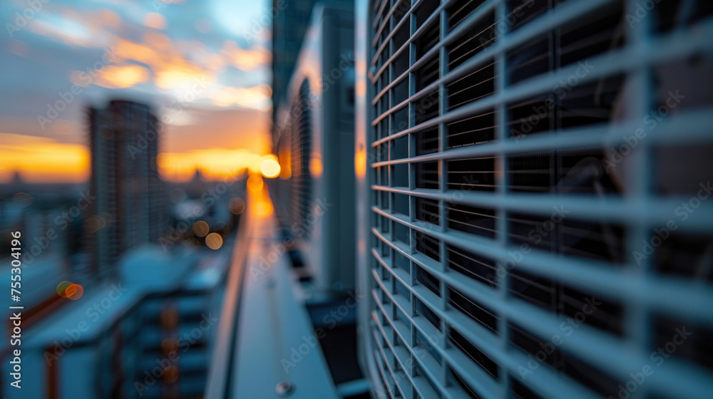 Air condenser unit located on roof deck building to heat released ...
