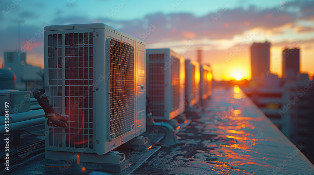 Air condenser unit located on roof deck building to heat released ...