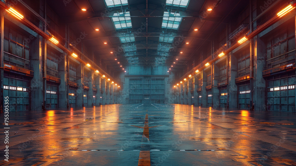 Empty of Hangar or industrial building. Protection with security door ...