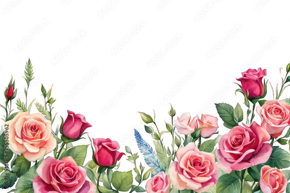 Roses and flower meadow border overlay watercolor illustration, flower ...