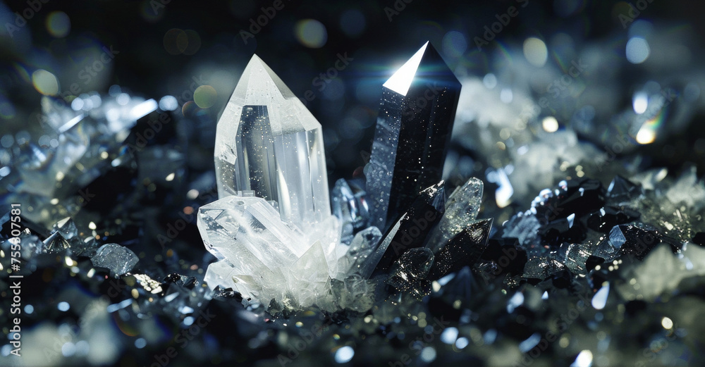 A closeup of two s of tiny crystals one white and one black set against ...