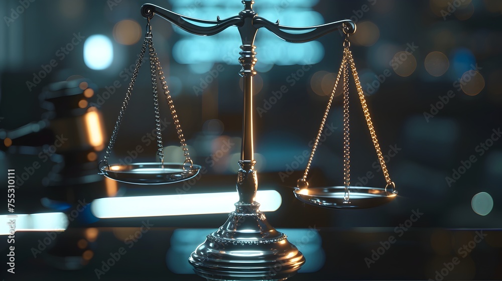 Modern Justice in a High-Tech Legal Office Balanced Scales with an ...