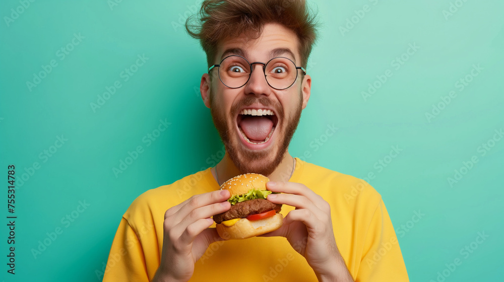 Foto de Portrait Of Funny Hungry Guy Holding Biting Burger Eating Junk ...