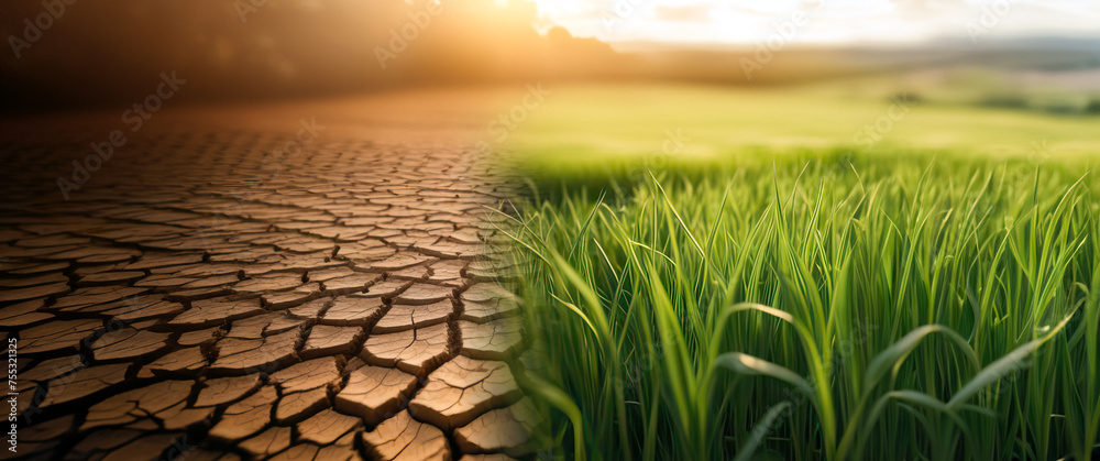 Field from green grass to devastated and desiccated soil. the problem ...