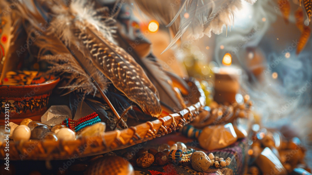 A closeup of a sacred altar adorned with feathers crystals and other ...