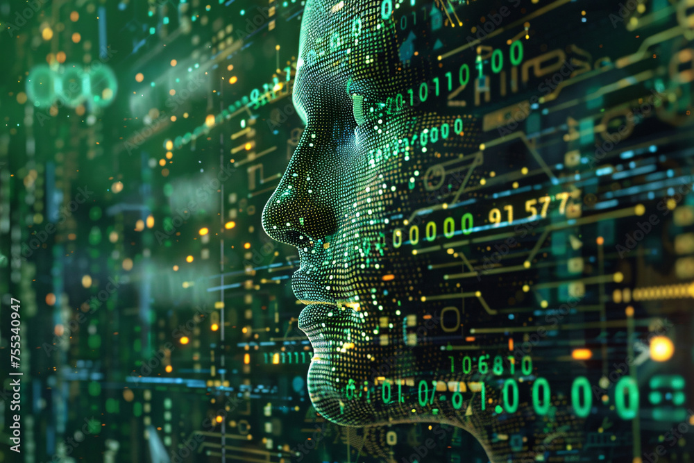 Abstract concept of a digital human face morphing into binary code, set ...