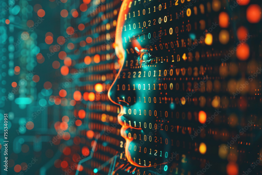 Abstract concept of a digital human face morphing into binary code, set against a circuit board ...