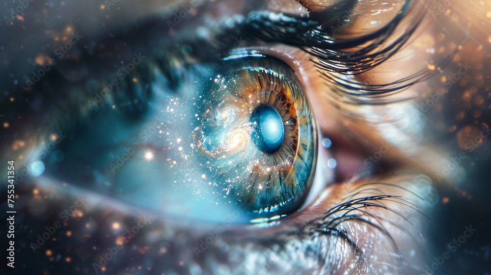 Ethereal illustration of a human eye, with the iris revealing a galaxy ...