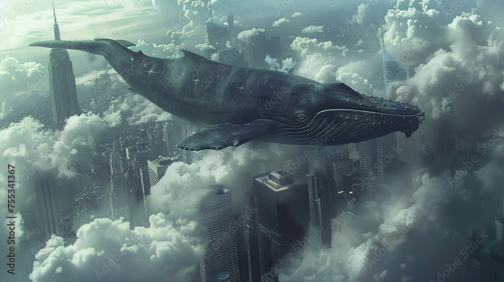 Ethereal scene where a massive whale swims through clouds above a ...