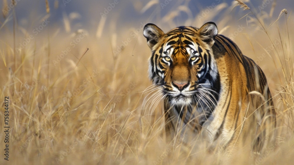 A rare sight of a Bengal tiger stealthily prowling through the tall ...