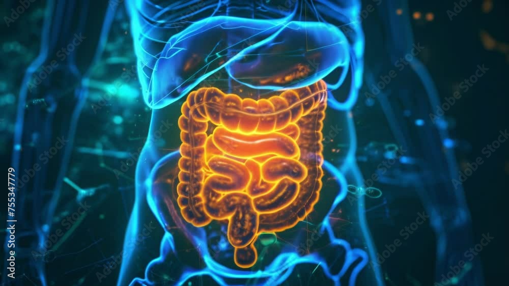 A virtual hologram of the human digestive system illustrates the ...