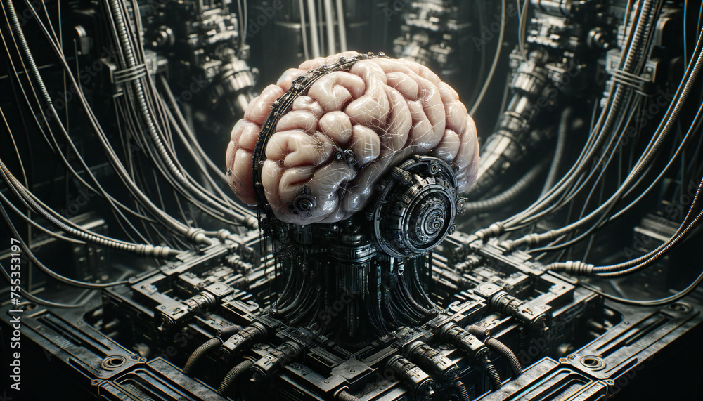 Brain connected to many cables and wires in a futuristic hi-tech ...