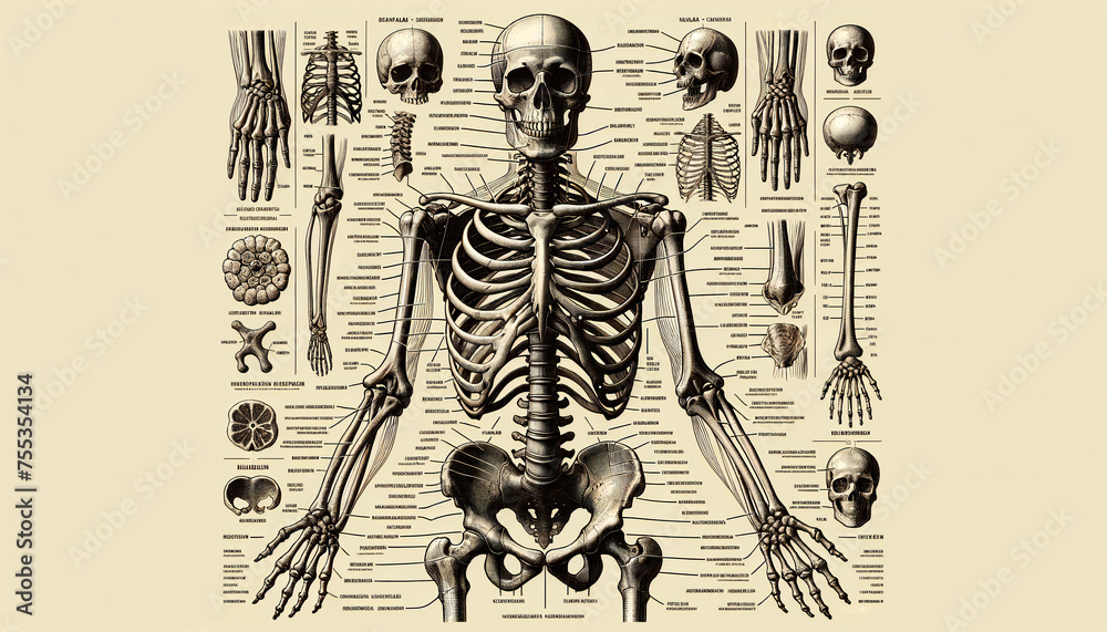 Human skeleton system, bone joints, anatomy, hand drawn illustration ...