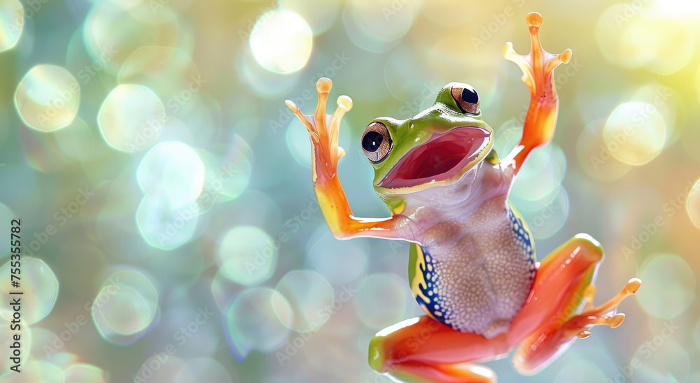 photo of a happy laughing green tree frog jumping, with a pastel ...