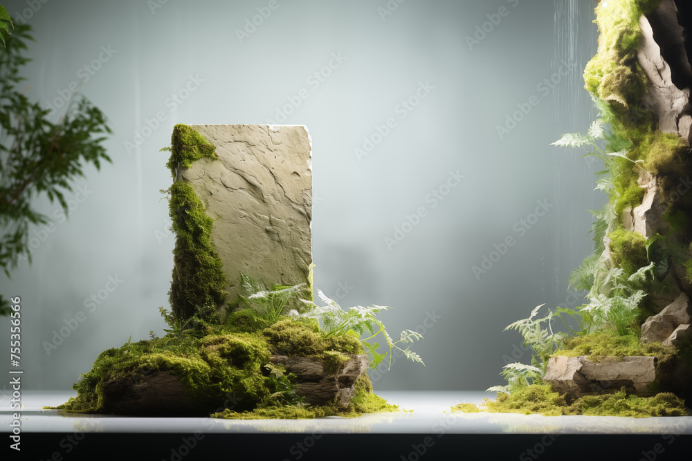 Sustainable rock stone with green moss and plants in sunlight, nature ...