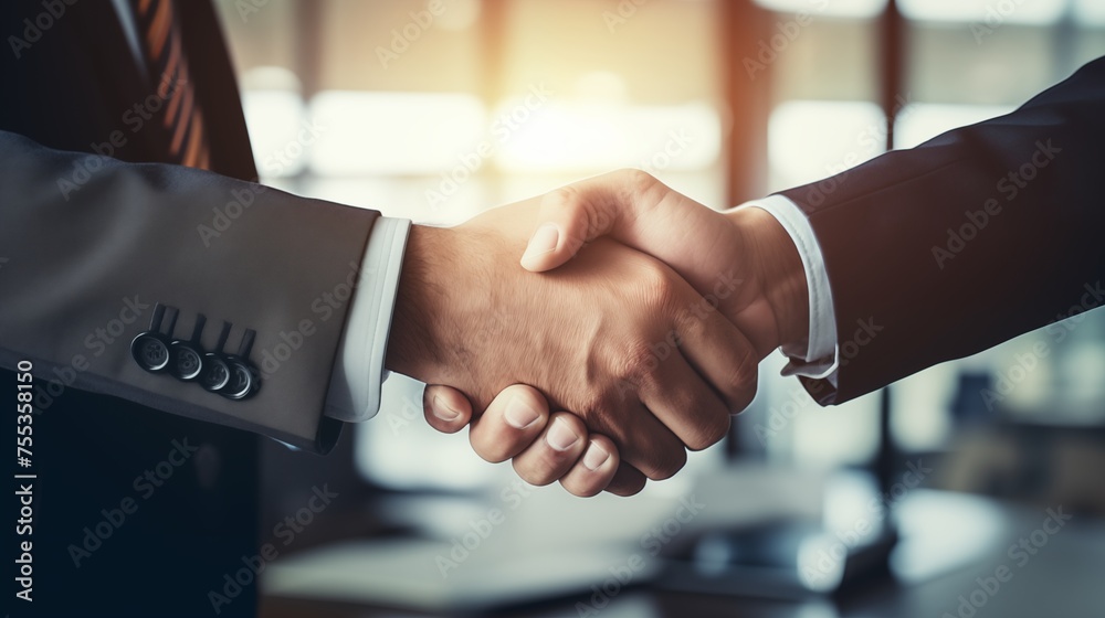 Two corporate executives standing in an office, engaged in a ...