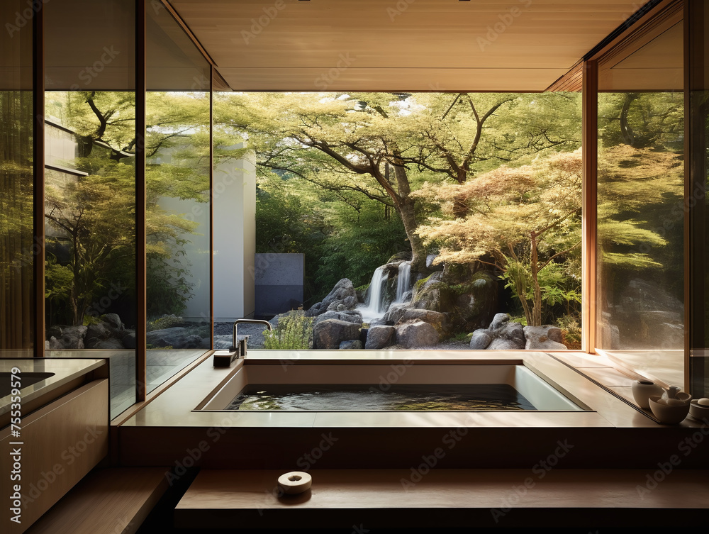Japanese-style bathroom with onsen and open-air space offers a unique ...