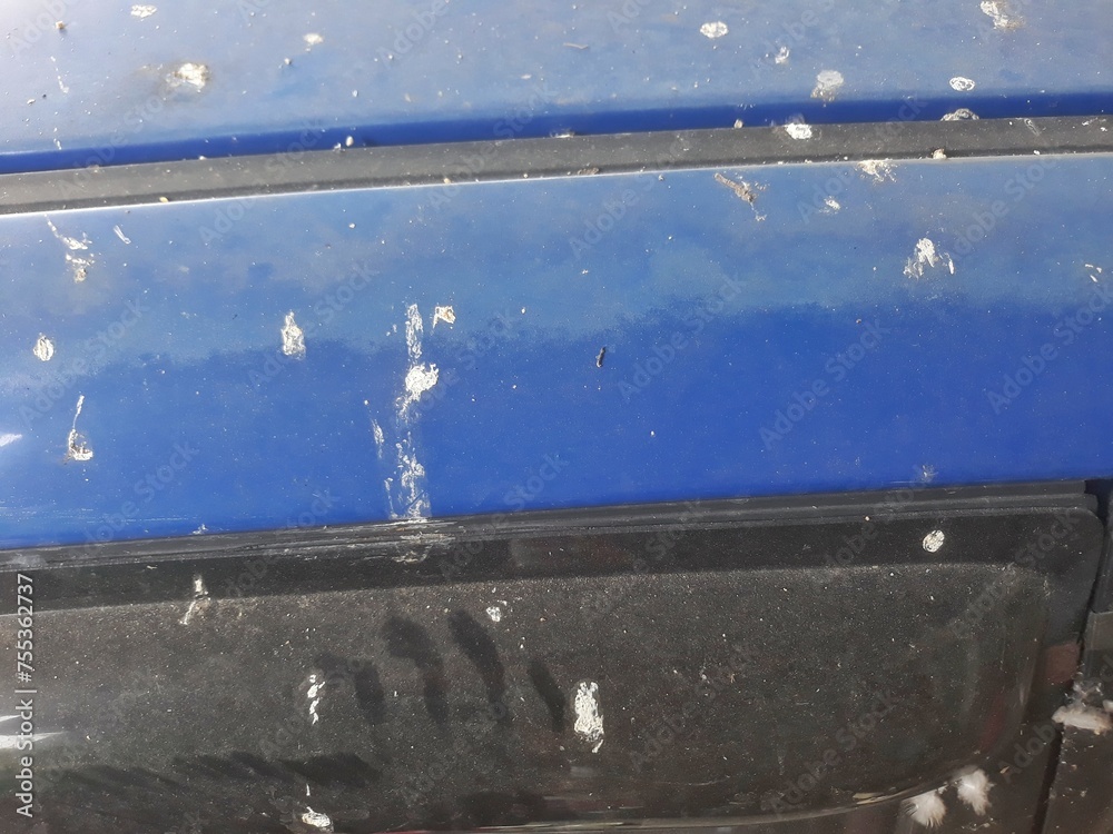 The roof and hood of the blue car full of bird poop droppings Stock ...