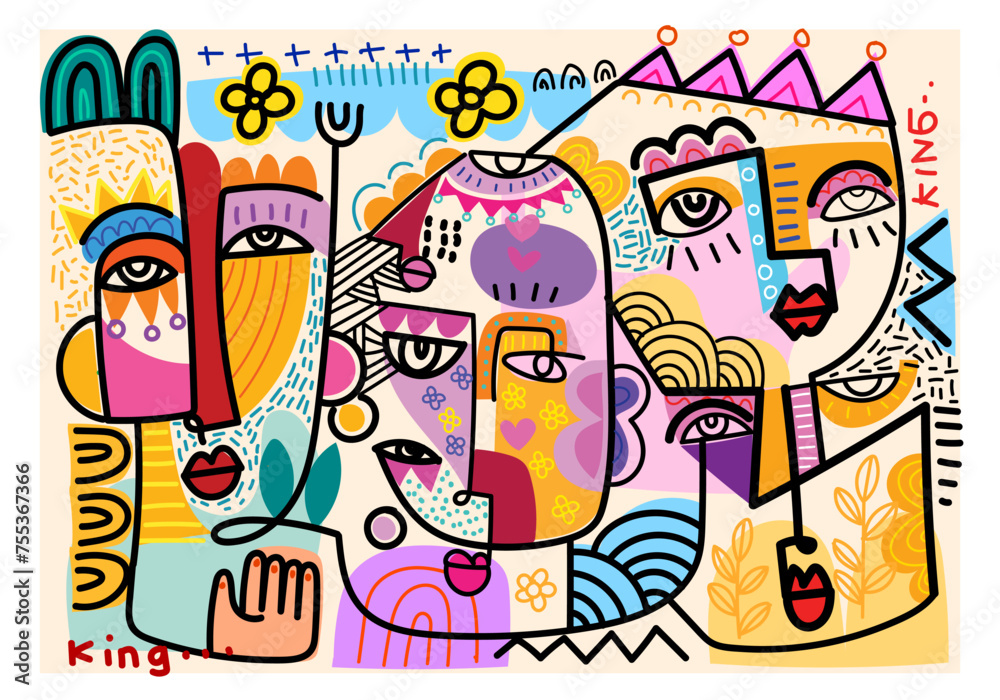 Abstract face portrait person geometric, doodle, line art hand drawn ...