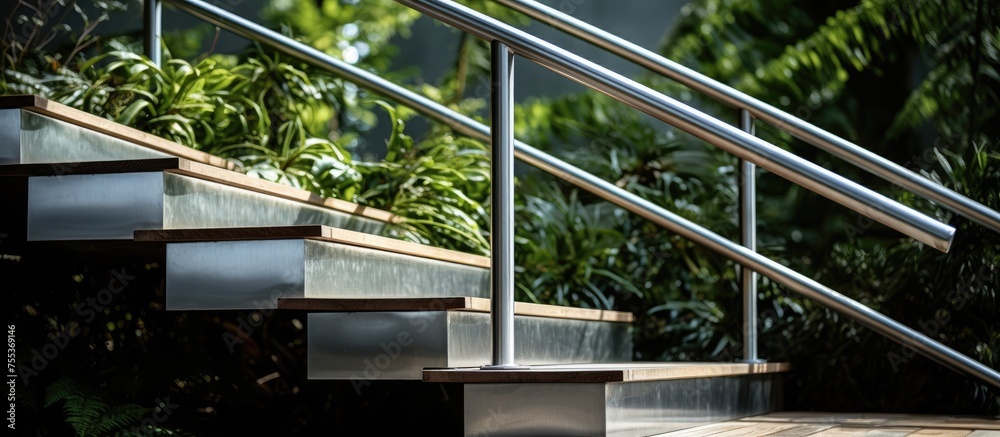 A chrome steel banister outdoor staircase leads up to a lush plant ...