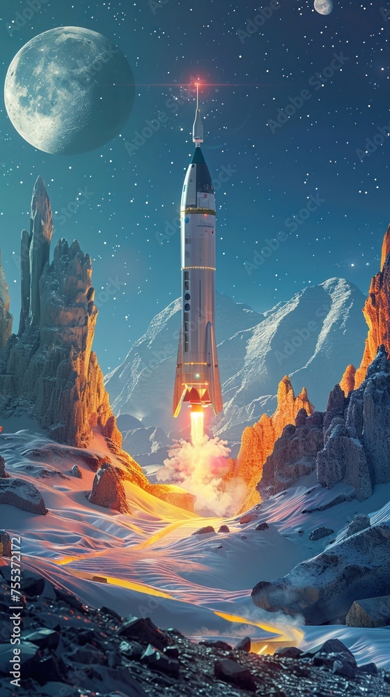 Fantasy rockets in a 3D landscape chase after the ultimate prize Stock ...